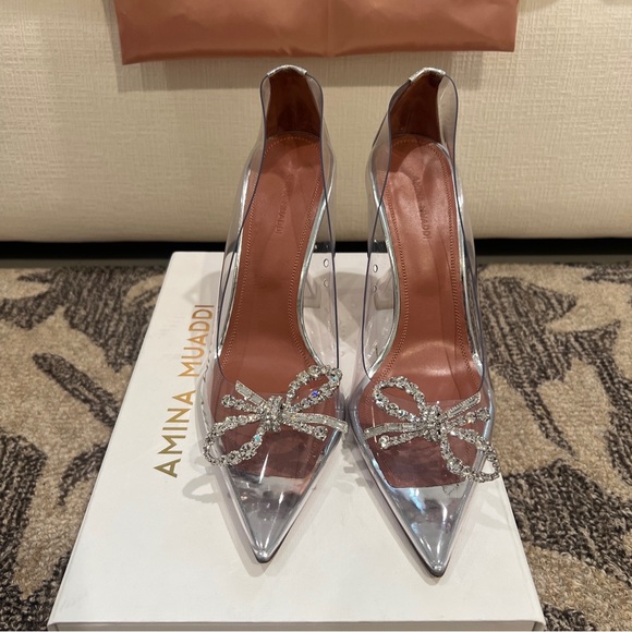 Amina Muaddi | Shoes | Amina Muaddi Clear Pvc Crystal Bow Heels | Poshmark